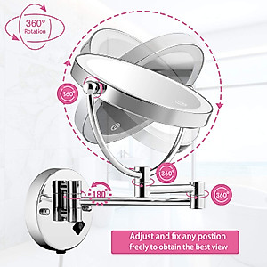 AMZNEVO Wall Mounted Lighted Makeup Mirror, 8 Inch Double-Sided 1X 5X Magnifying Mirror for Bathroom, 11'' Extendable Arm, 360° Swivel, Touch DimmableLED Lights, Powered by Plug in, Chrome