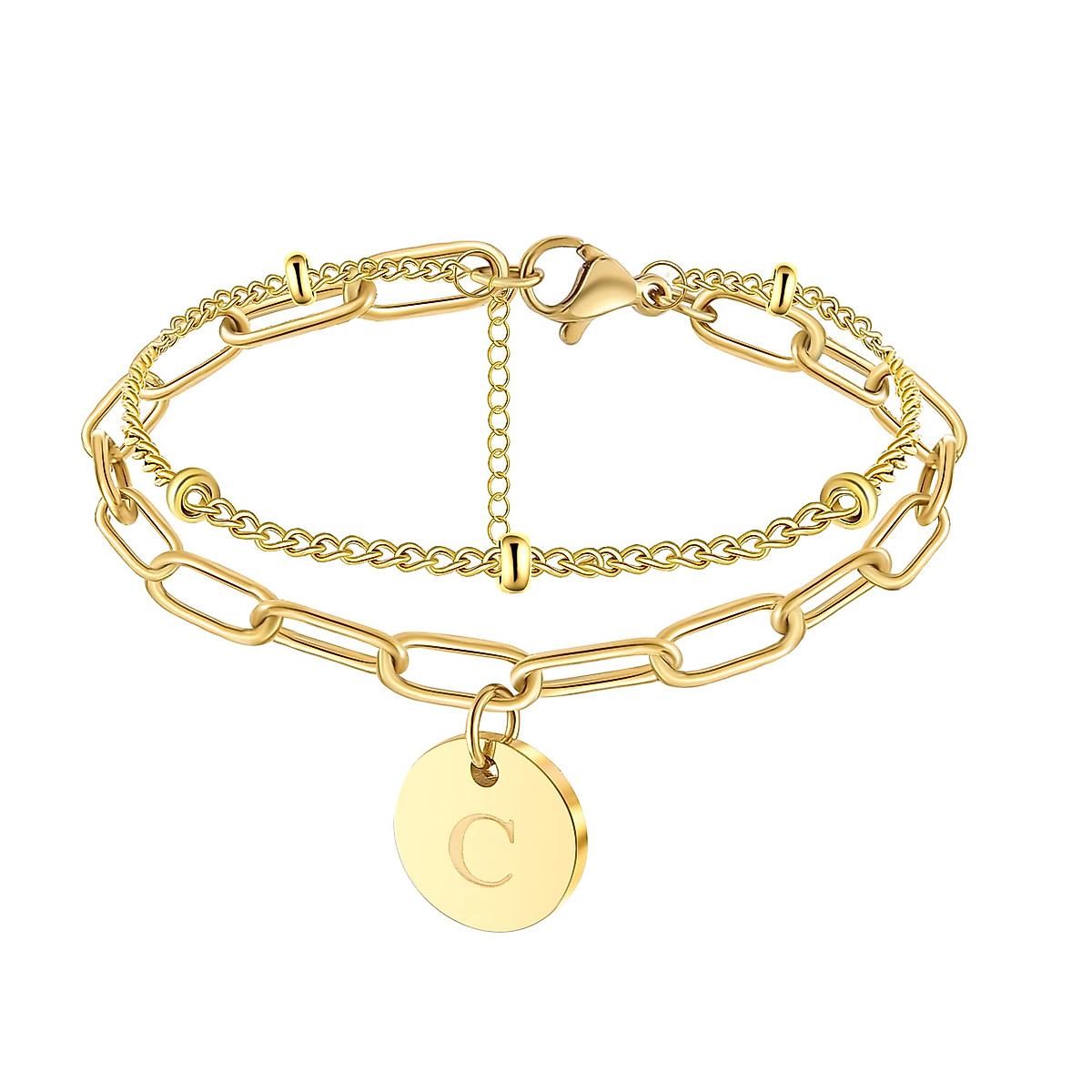 Gold Initial Bracelets for Women Trendy Dainty Mother's Day Christmas Birthday Gifts for Mom Aunt Grandma Friends Layered Charm Bracelet Adjustable Papercilp Link Chain Letter C Jewelry for Her