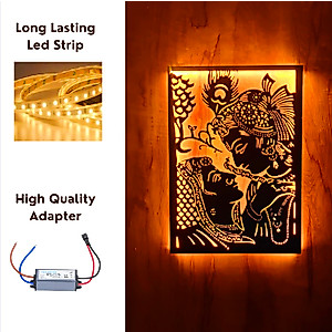 EU Radha Krishna Metal Wall Art Hanging With Backlight Led For Pooja Room Home Deco Lights For Mandir Krishna Swing Jhula Antique Metal Flute Wall Decor For Living Room Big Size