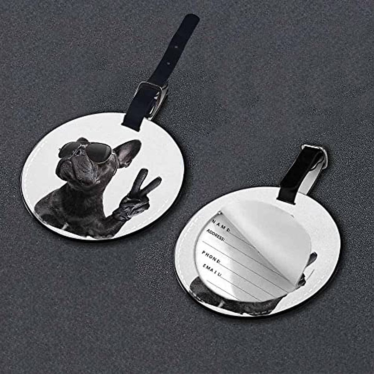 TKS MITLAN 1 Pcs Luggage Tag French Bulldog Privacy Cover ID Label Address Card for Travel Bag Suitcase Cool Trendy Posing with Sunglasses Victory Fingers Leather Luggage Tag Travel(Round)