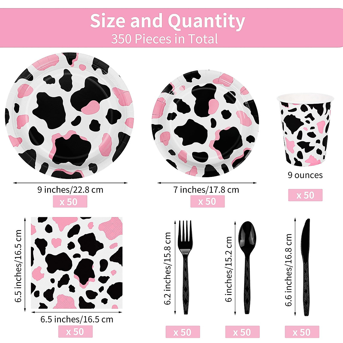 durony 350 Pieces Pink Cow Print Party Tableware Set Including Cowgirl Pink Cow Party Plates Cups Napkins Knives Forks Spoons Serves 50 for Baby Shower Farm Cow Party Decorations
