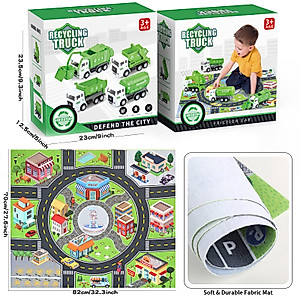 Y.L. DOYMX Toy Garbage Truck - Trash Truck Toys w/Play Mat, 4 Pcs 6 Inch Friction Powered Small Garbage Truck Toy, 8 Signposts, 4 Trash Bins with 108 pcs Trash Cards for Boys Age 3+ Toddlers Kids Gift