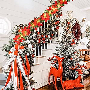 Dazzle Bright 2 Pack 7 FT Christmas Poinsettia Flowers Garland Decorations, 10 LED Lighted Artificial Velvet String Lights with Red Berries, Xmas Ornaments for Indoor Outdoor Fireplace Decor