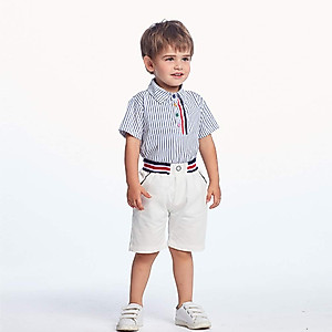 Top and Top Toddler Baby Boys Short Sleeve Button Down Blue Striped Shirts Short Pants Clothing Sets (110/4T)