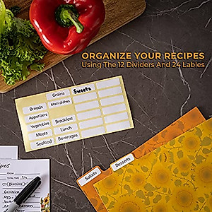 KitchenMania Sunflower Recipe Binder Kit, 8.5x9.5 Recipe Ring Binder 3 Ring Organizer Set with 50 Recipe Cards 4x6 Double Sided, 12 Category Dividers Tabs and Page Protectors