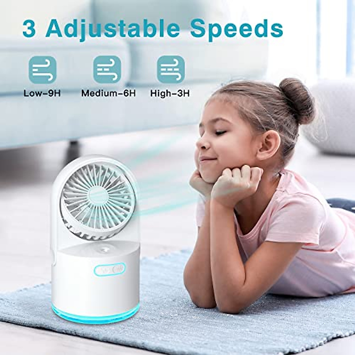 Desk Misting Fan Personal Table Fan with 300ML Large Water Tank Portable Misting Fan with 3 Speed Strong Wind USB Rechargeable Cooling Mister Fan 7 Colorful Nightlights for Home, Office, Outdoor