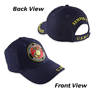 USMC Logo Hat for Men and Women, Officially Licensed Product, Adjustable Velcro Strap Baseball Cap - USMC Logo Embroidered Baseball Cap Beautifully Stitched Lettering on Front & Back (Navy Blue)