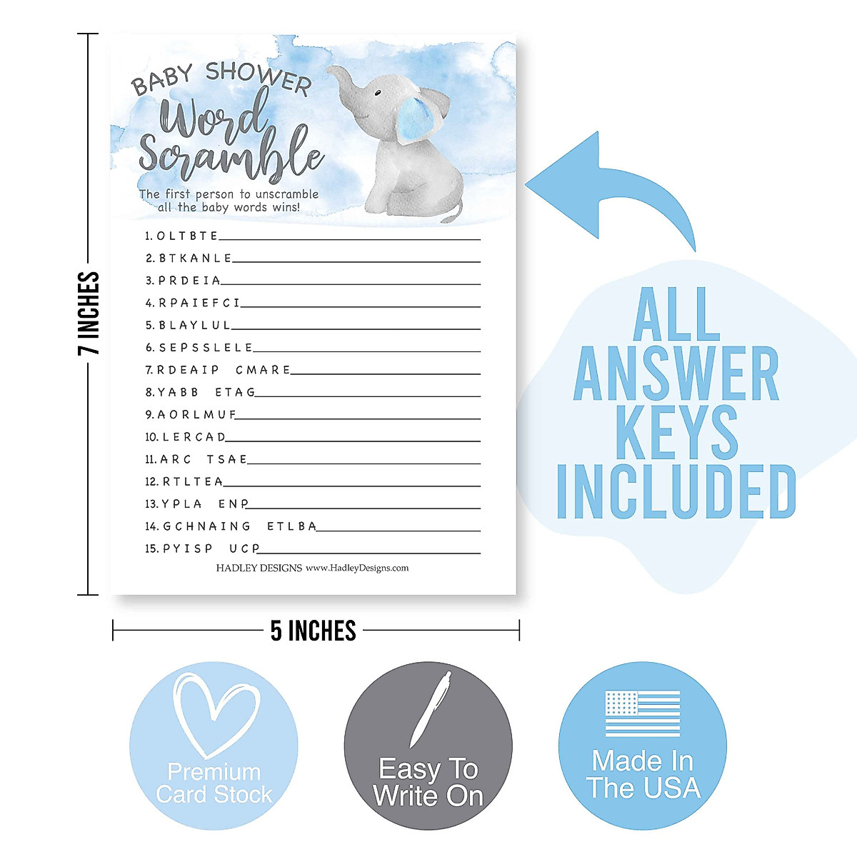 Hadley Designs Blue Elephant Baby Shower Games for Boys - 2 Games Double Sided, 25 Word Scramble for Baby Shower Ideas, 25 True Or False Baby Shower Game, Fun Baby Shower Games, Party Supplies