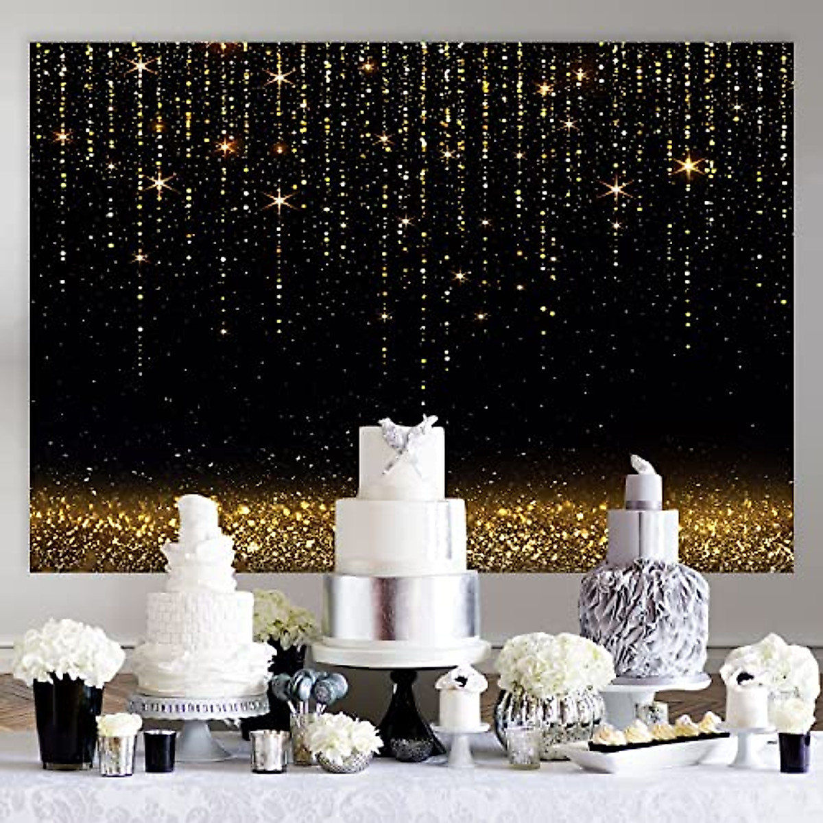 KUKUSOUL 7x5ft Gold Bokeh Spots Backdrop Black and Gold Glitter Sparkle Wedding Photography Background Birthday Party Decorations Banner Photo Booth Studio Props KUBQY087