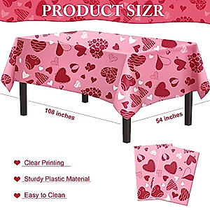 CAKKA Valentines Day Tablecloth Plastic 54x108 Inch, 2Pack Disposable Pink Heart Tablecloth, Rectangle Valentine Table Cloth Table Cover for Valentine’s Day Wedding Decor Decoration