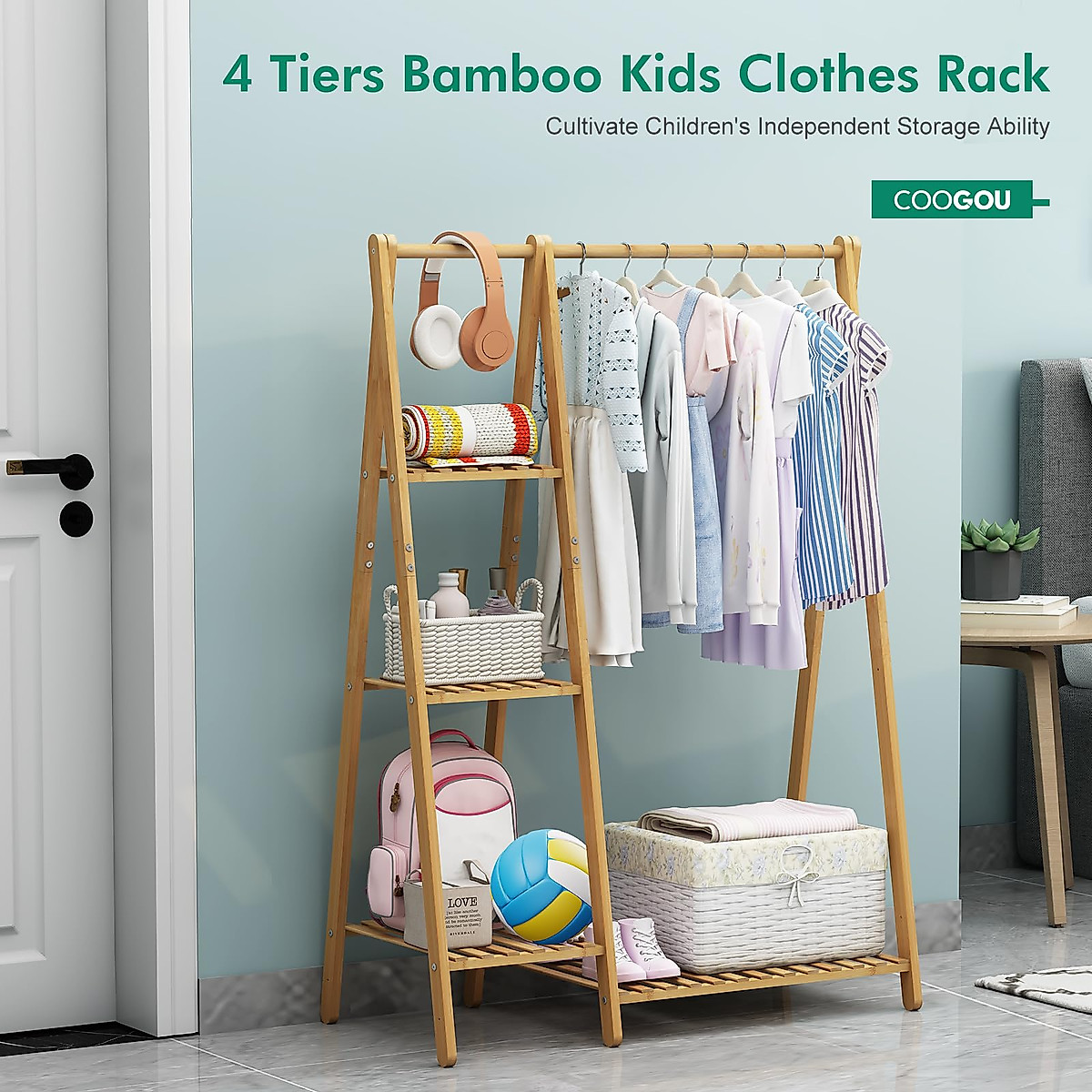 COOGOU Small Clothes Racks,Kids Clothes Hanging Rack, Bamboo Wood Clothing Garment Rack with Shelves, Free Standing Corner Dress Costume Rack for Small Place,Bedroom,Bathroom, Portable