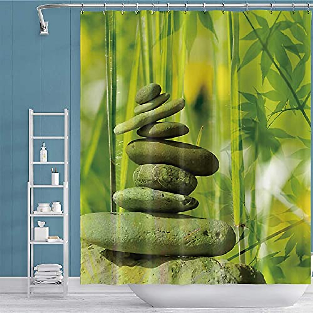 Renaiss 71x71 Inch Spa Shower Curtain Picture of Bamboo and Basalt Stones Green Leaf Bath Curtain Meditation Theraphy Relaxing Nature Scenery Cloth Fabric Bathroom Decor Set with Hooks Waterproof
