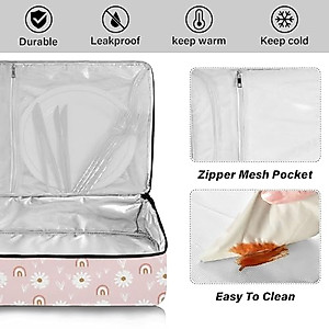 Kcldeci Insulated Thermal Food Carrier Insulated Casserole Carrier for Hot or Cold Food,Daisy Flower Hearts and Rainbows on Pink Insulated Tote Bag for Potluck Cookouts Parties Picnic,Lasagna Lugger