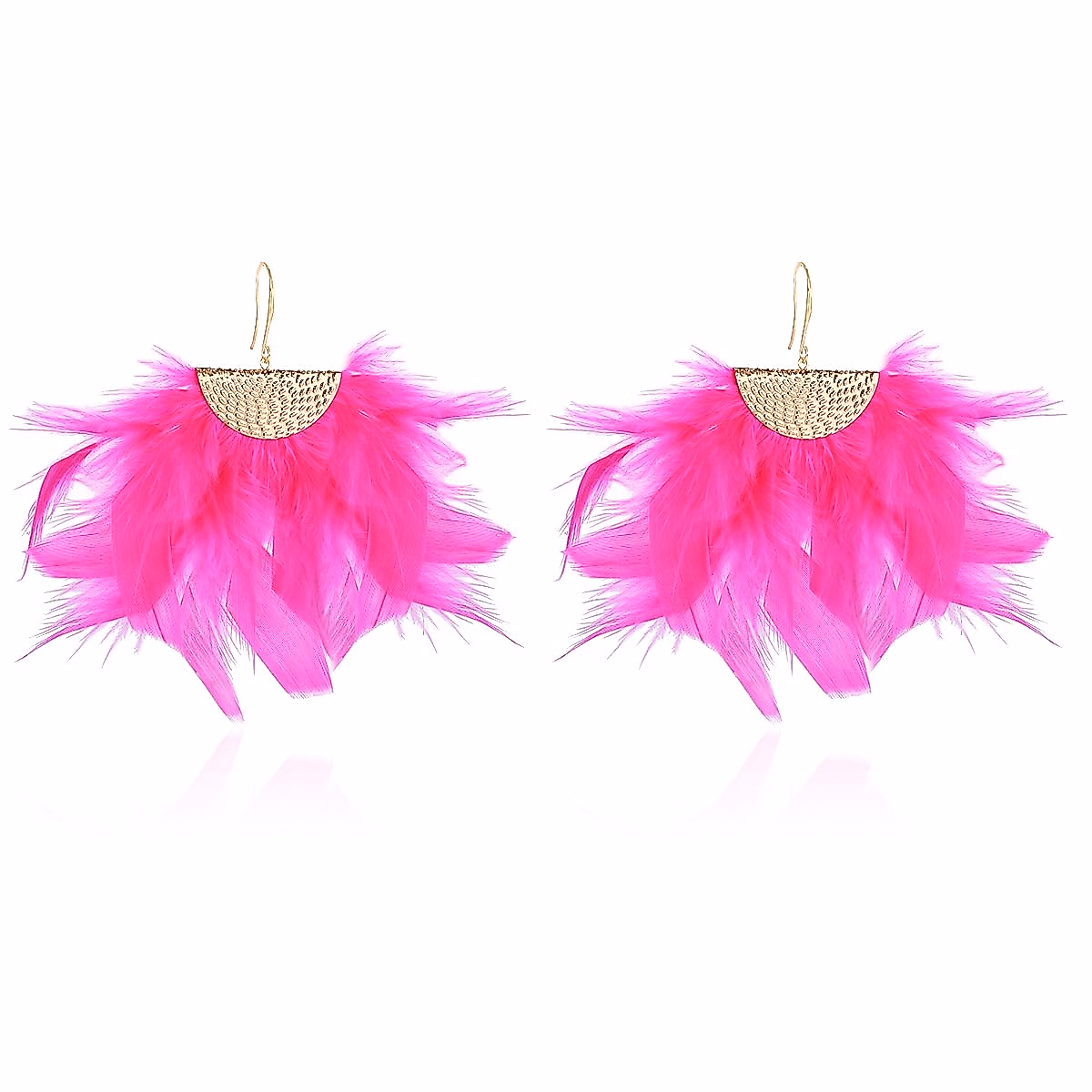 KELMALL Statement Fan Feather Dangling Earrings for Women, Bridal Wedding Party Proms Eye-catching Drop Dangle Earrings- Hot Pink