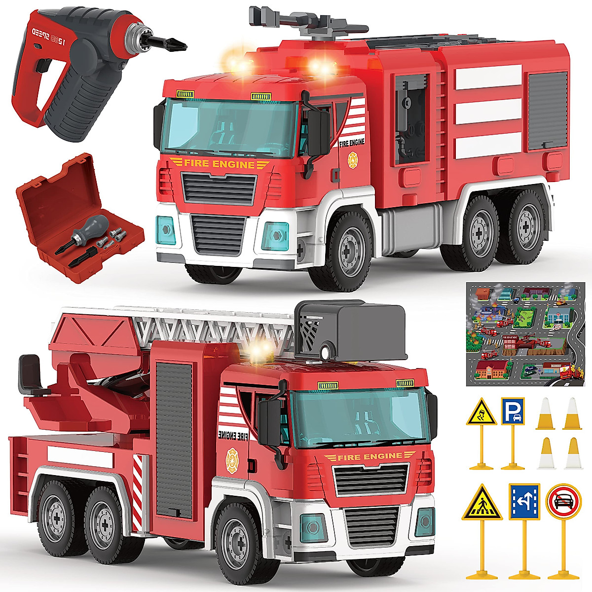Take Apart Fire Truck Toy - 125 Pcs 2-in-1 STEM Building Kit Toy w/Drill - DIY Friction Power Firefighter Toy Building Set for Kids w/Light & Sounds, Boys & Girls, Ages 4 5 6 7 8 Years Old