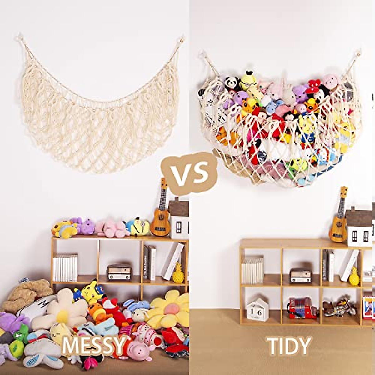 YKBU Stuffed Animal Net or Hammock Wall Hanging Net for Stuffed Animal Storage Macrame Toy Display Plush Toy Holder Soft Toy organizer for Nurery Baby Bedroom Playroom-Cream, -Cream