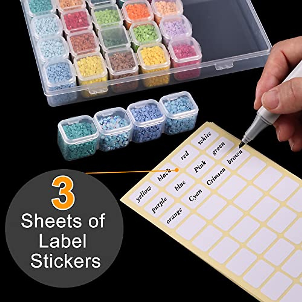 QUEFE 112 Slots Diamond Painting Storage Containers, 4pcs 28 Grids Clear Diamond Painting Accessories and Tools Boxes Bead Organizers Diamond Art Embroidery Storage with Label Stickers