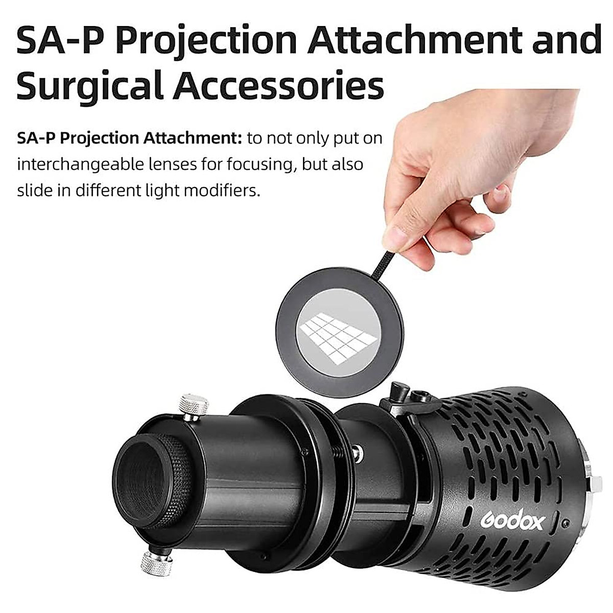 Godox SA-17 Bowens Mount Adapter with Godox SA-P Projection Attachment + SA-06 Iris Diaphragm + SA-09-001 GOBO Set + SA-10 GOBO Set Holder Create Theatrical Effect for Bowens Mount LED Video Light