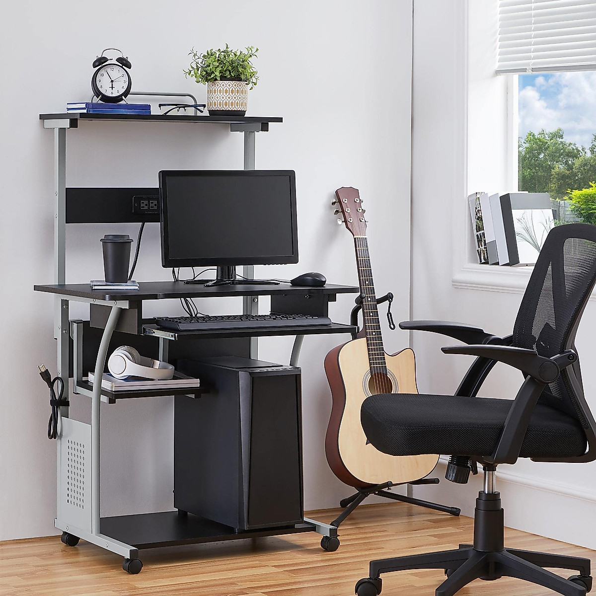 Topeakmart Rolling Computer Desk with Charging Station and 2 USB Ports for Small Space, Study Writing Desk with Keyboard Tray and Printer Shelf for Home Office, Compact Study Table with Wheels, Black