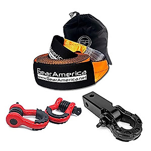 GearAmerica Tow Straps 4" x 30' 45,000 lbs trength + 2PK Heavy Duty D Ring Shackles Red 58,000 lbs Strength + Black Aluminum Hitch Receiver 2"x2" 32,000 lbs trength