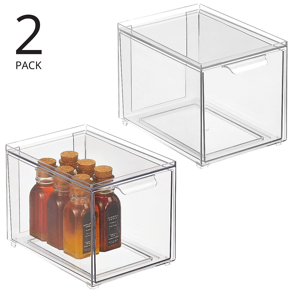 mDesign Plastic Pantry Organization and Storage Bin w/Pull Out Drawer - Slim Stackable Kitchen Supplies Storage Container for Organizing Cabinet, Fridge, Freezer - Lumiere Collection - 2 Pack - Clear