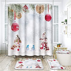 Emvency 4Pcs Christmas Snowman Shower Curtain Sets with Non-Slip Rugs Toilet Lid Cover and Bath Mat,Celebration Theme Xmas Balls Pendant Waterproof Curtain for Shower Window Decor 72" x 72"