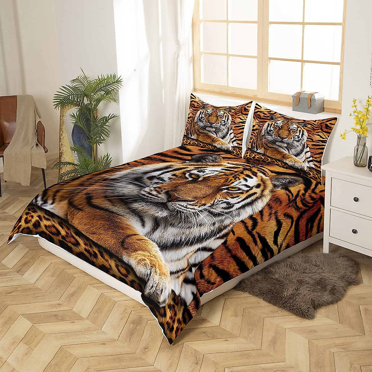 Tiger 3D Print Duvet Cover Set Queen Size Wild Animals Bedding Set 3pcs for Kids Teens Room Decor,Animal Fur Cover Soft Breathable Quilt Cover with 2 Pillowcases