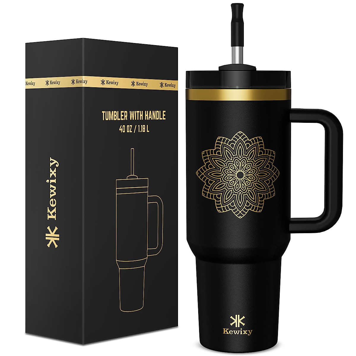 KEWIXY 40 oz Tumbler With Handle and Straw, Gloss Insulated Travel Tumbler, Fits in Cup Holder, Travel Coffee Mug with Lid, Included Leak Proof Straw Cover -Petal Focus