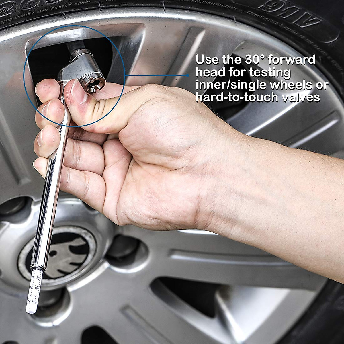 CZC AUTO Pencil Tire Pressure Gauge, Dual Head Trucks Air Gage, Accurate Mechanical Dually Chuck Wheel Service Checker, Stainless Steel Stem for Car RV ATV Motorcycle Bike, 10-120PSI (Silver, 2 Pack)