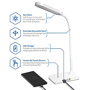 TW Desk Lamps for Home Office - Super Bright Small Desk Lamp with USB Charging Port, a Perfect LED Desk Light as Study Lamp, Bedside Reading Lights, White