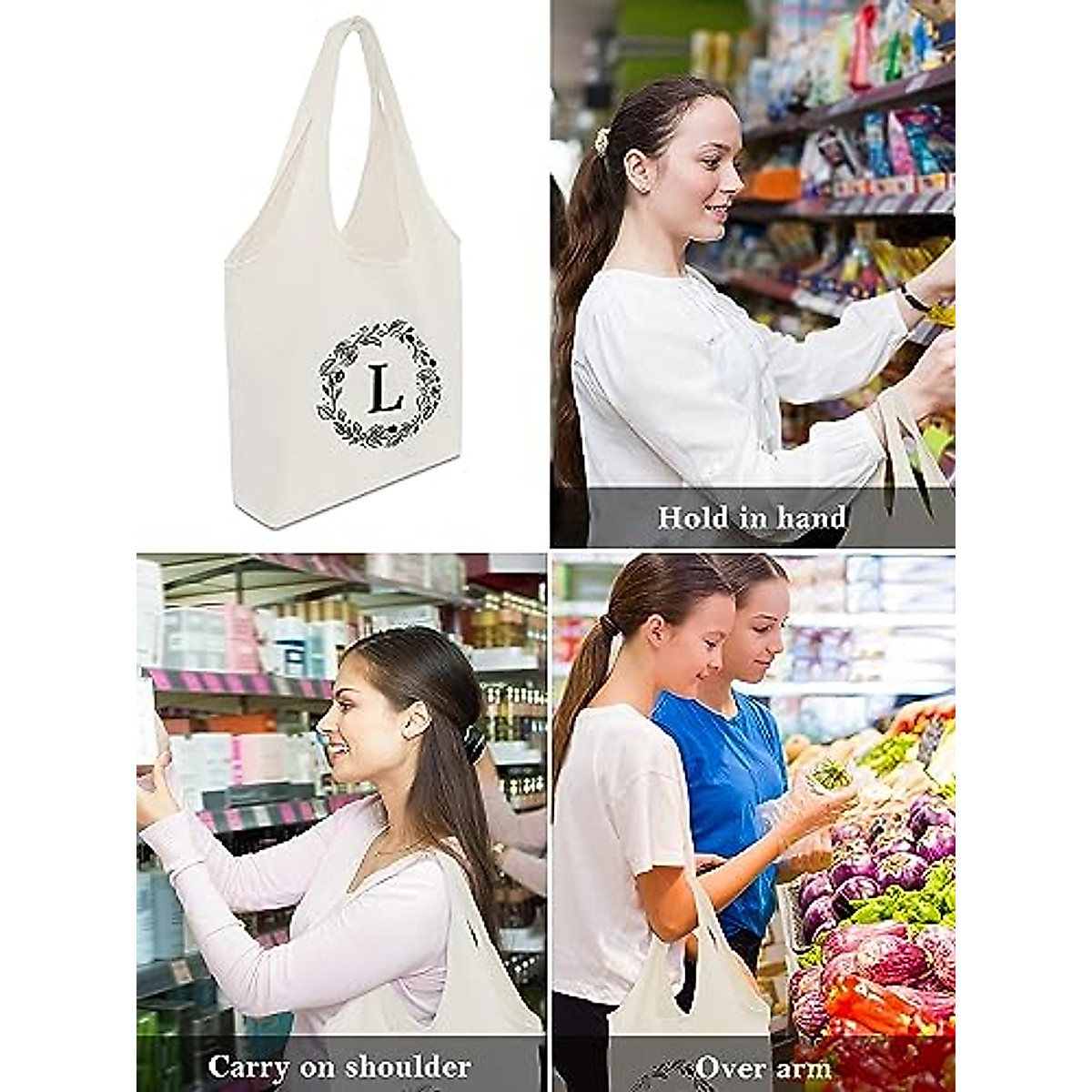 YieeTam Personalized Initial Canvas Tote Bag, Reusable Grocery Bags with Inner Pocket, Large Canvas Tote Bag for Women