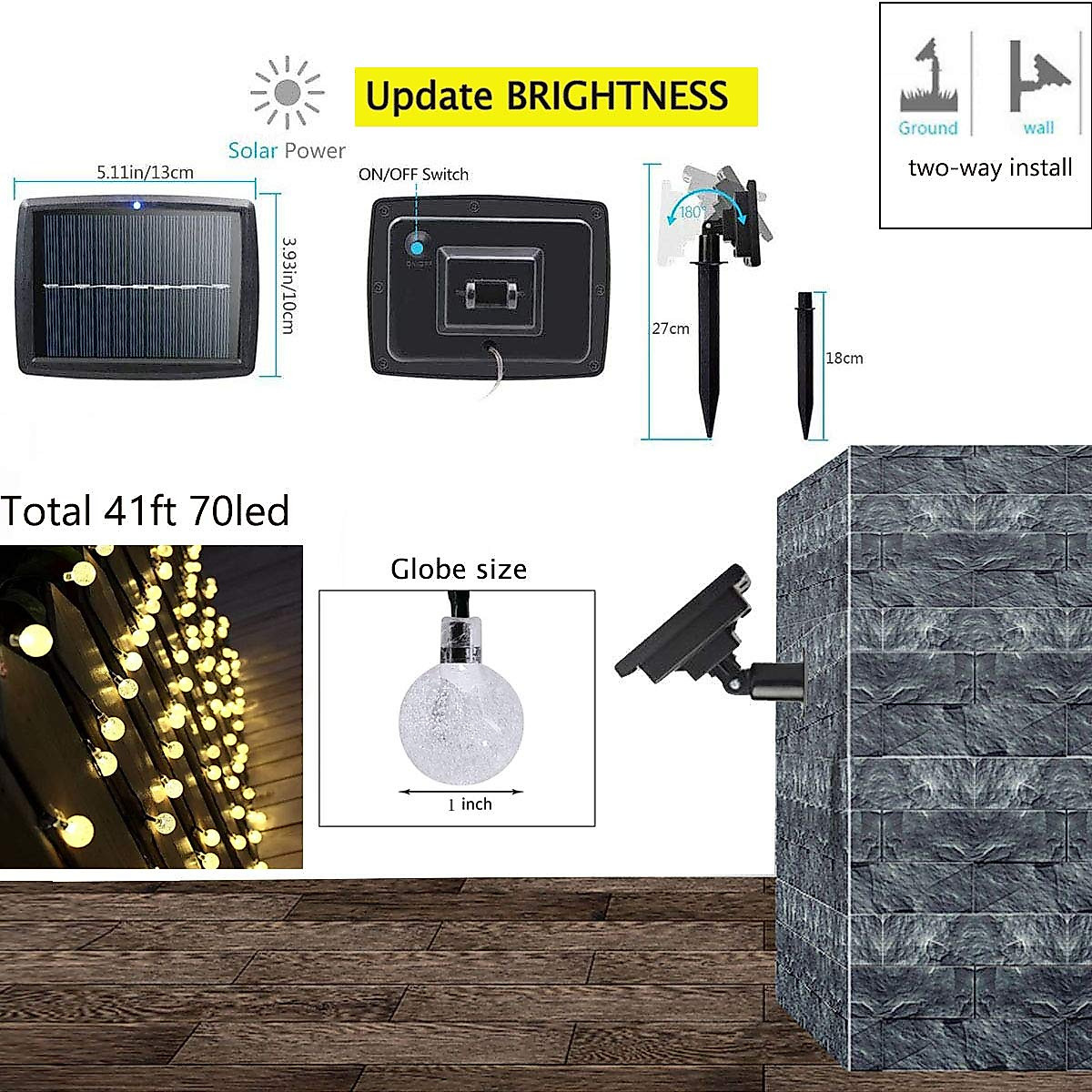 AMYSTEE Update Solar String Lights Outdoor 70 Led 41 FT Crystal Globe Lights with 8 Lighting Modes, Waterproof Solar Powered Patio Lights for Garden Yard Porch Wedding Party Christmas Decor