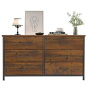 IKENO 6 Drawer Double Dresser, Industrial Wood Dresser for Bedroom, Storage Cabinet with Sturdy Steel Frame