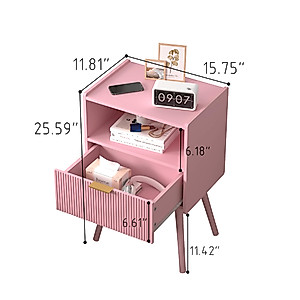 JOONEE Nightstand,Modern Bedside Table with Storage Drawer and Open Wood Shelf, for Living Room, Bedroom and Small Spaces, Accent Night Stand with Solid Wood Legs, Easy Assembly,Classic Pink