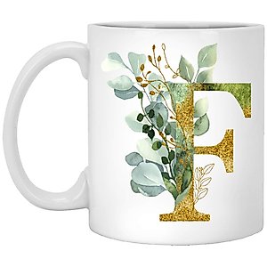Alpha/F Graphic Letter F Coffee Mug - Alphabet Letter Monogram F - Gold Shimmer Any Letter Floral Alphabet Tea Coffee Hot Chocolate Cup For Her Birthday Christmas Mothers Day Coffee Mug 11oz