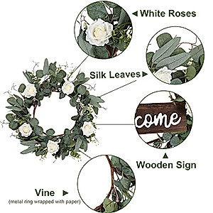 Adeeing Artificial Eucalyptus Wreath for Front Door 20 Inch Green Leaves Welcome Wreath with Wood Sign Rose Flower Farmhouse Wreath for Window Wall Party Home Decoration