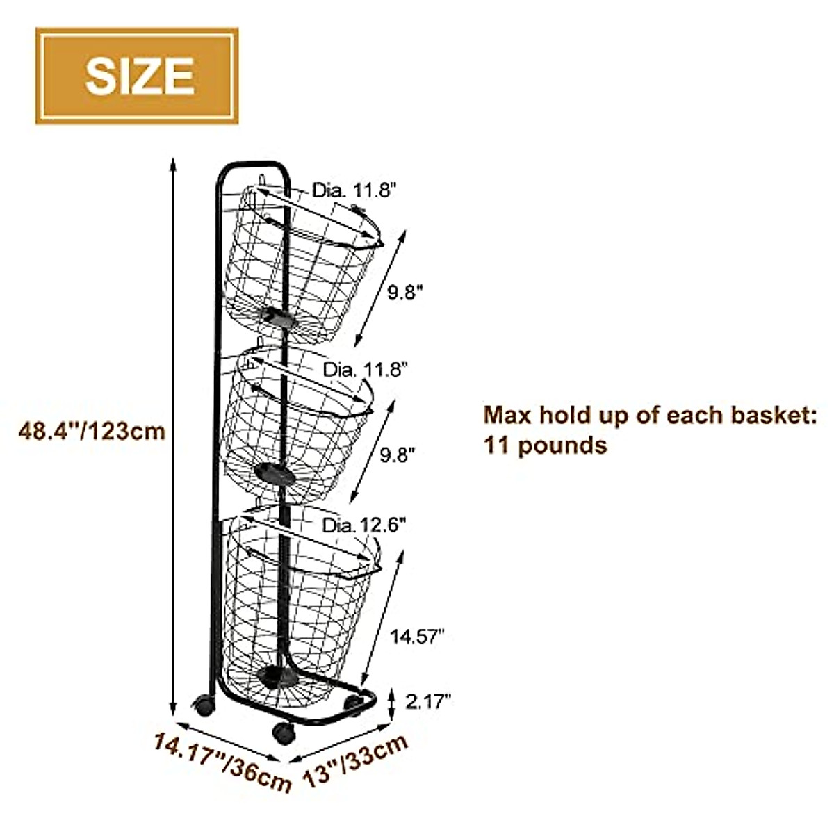 usego 3 Tier Laundry Basket with Rolling Lockable Wheels Wire Metal Sorter Storage Trolley Shelf Basket Durable Metal Sorter Clothes Storage Trolley Shelf with Removable Hamper for Organizing Clothes