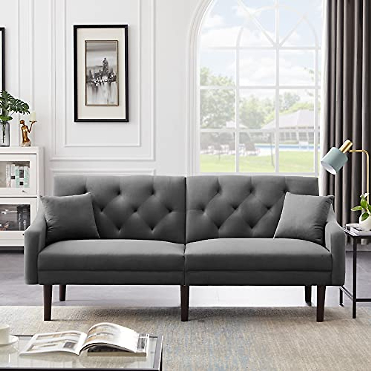 KoiHome Velvet Futon Bed with Adjustable for Backrest, Sleeper Sofa with Two Pillows, Modern Couch with Handrail and Wood Legs, Upholstered Loveseat for Living, Bedroom,Office,Waiting Room, Grey