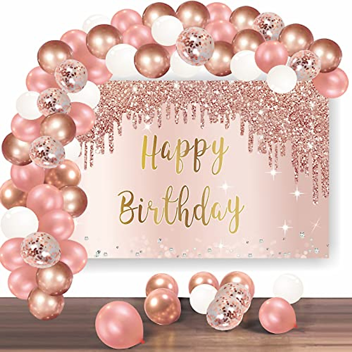 Rose Gold Happy Birthday Banner Backdrop with Confetti Balloon Garland Arch, Happy Birthday Banner Balloon Set for Women Girls, Pink 16th 21st 30th 40th 50th Bday Poster Photo Booth Decor