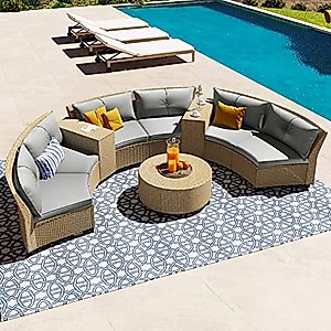 XD Designs 6-Persons Outdoor Half Round Patio Rattan Sectional Sofa Set, All Weather PE Wicker Free Combination Conversation Sofa Set with Thick Cushions and Coffee Table for Garden Yard (Brown+Gray)