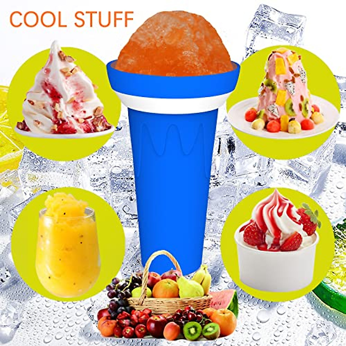 LATIBELL Slushie Maker Cup - Slushie Cup maker Squeeze Cool Stuff Double Layer Silicone Slush Cup 16.9 Ounce Summer Cooling Cup with Straw and Spoon Blue
