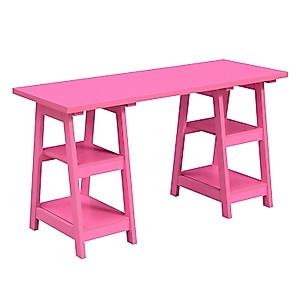 Convenience Concepts Designs2Go Double Trestle Desk with Shelves, Pink