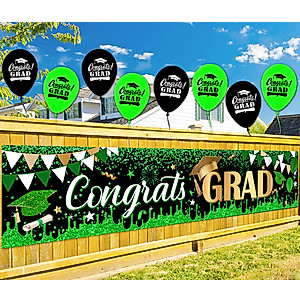 Large Congrats Grad Banner Green Class of 2023 Graduation Banner With 8 Pcs Balloons Decorations Yard Sign For College Graduation Party Supplies