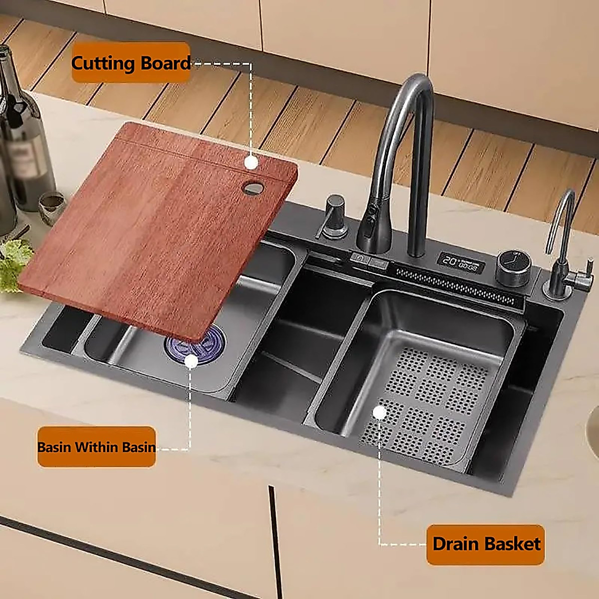 Drop In Kitchen Sink Stainless Waterfall Kitchen Sink Smart Kitchen Sink, Modern Single Basin Kitchen Sinks With Glass Washer For Sink, Workstation Sink With Pull Down Sprayhead Faucet ( Size : 75x45x