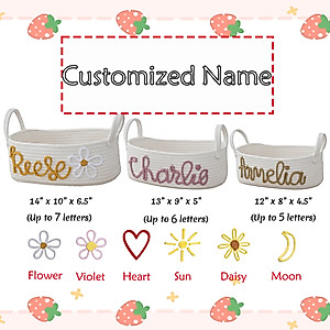 Custom Baby Name Clothes Baskets,Personalized Cute Woven Diaper Basket for newborn,Cotton Round organizer (White)