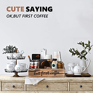 Coffee Bar Organizer, Wooden Coffee Station Accessories Storage Bin Box, Farmhouse Coffee Caddy Countertop Decor, Rustic Condiment Holder for Coffee Capsule Pod, sugar, Straw, Cups, Tea Bag Dispenser (Burnt Wood)