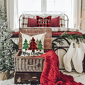 PANDICORN Christmas Pillow Covers 16x16 Inch Set of 4 Red Black Buffalo Plaid Christmas Tree Truck Outdoor Farmhouse Decorations Xmas Winter Holiday Decorative Throw Pillow Cases for Couch Home Decor