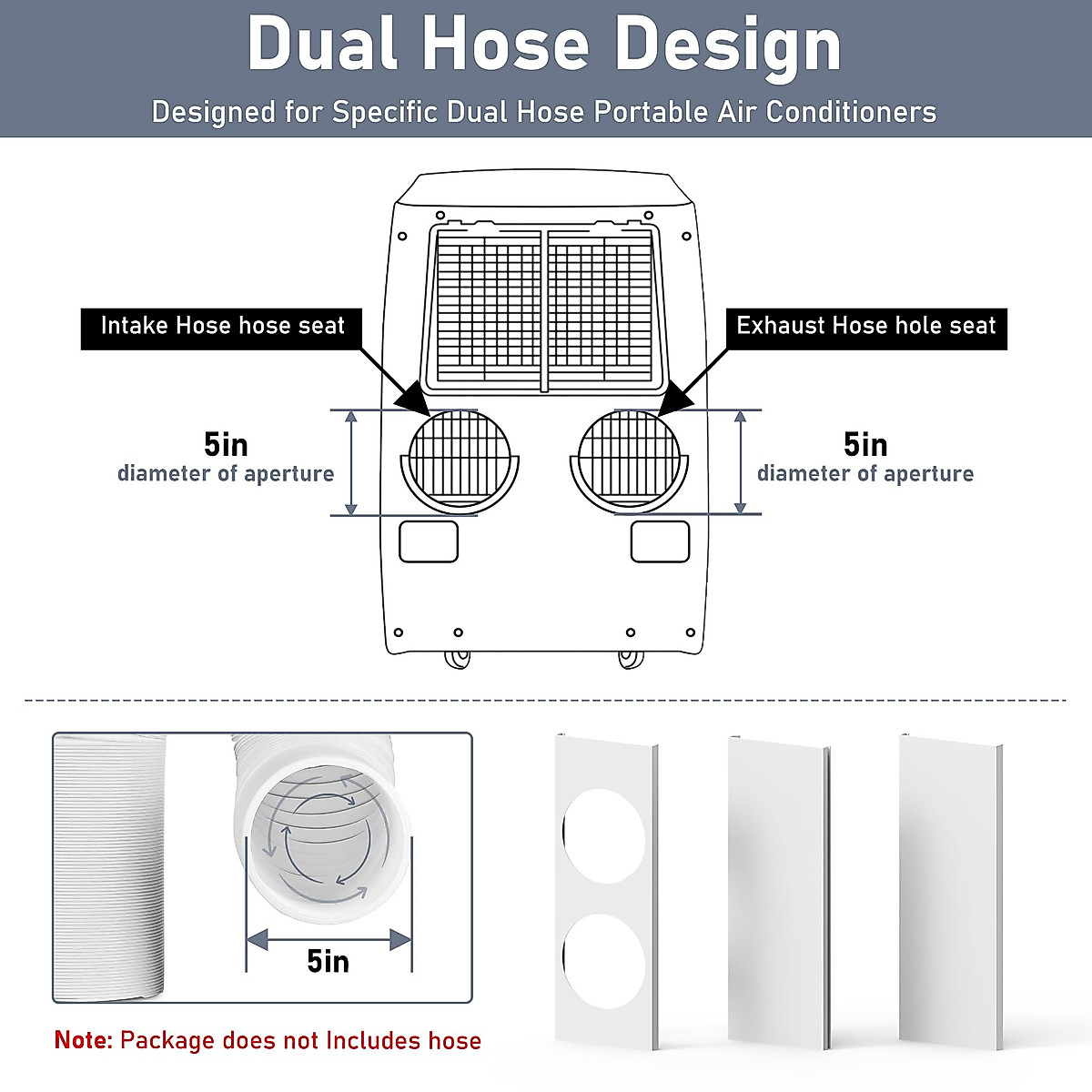 Flamorrow Dual Hose Portable Air Conditioner Window Kit, 5" Diameter Adjustable Window Seal Plates with Foam Seal Strip, Sliding AC Window Vent Kit for Exhaust Hose, White