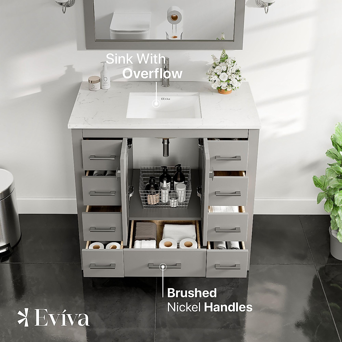 Eviva Bathroom Vanity Cabinet 36in White - Solid Wood w/9 Drawers, Porcelain Sink & Marble Countertop - Gray