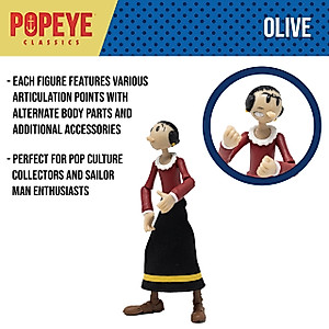 Boss Fight Studio Olive OYL Popeye Classics Wave 1 Action Figure – Highly Articulated Figurine with Accessories Including Swee’ Pea, Fabric Skirt, Alternate Heads and Hand, and Removable Hat - 1:12